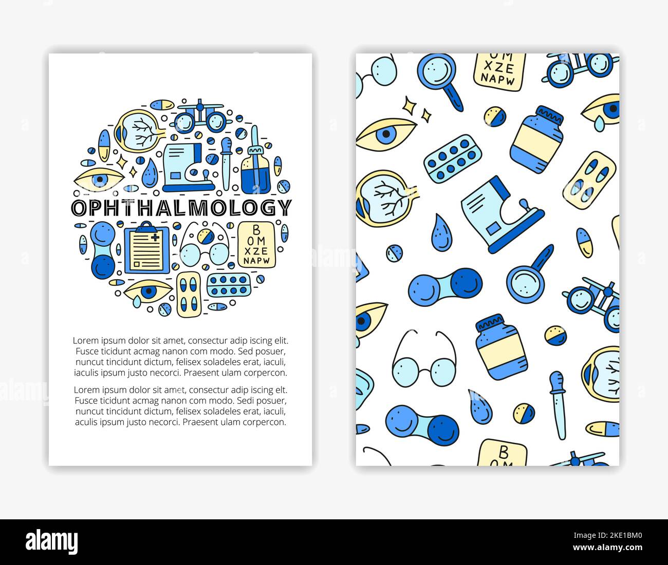 Card templates with doodle colored ophthalmology icons including runny ...