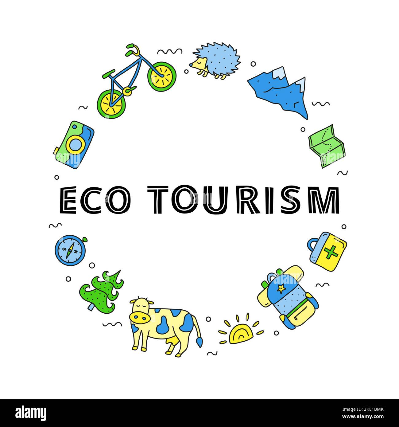 Doodle colored eco tourism icons including deer, camera, bicycle, sun ...