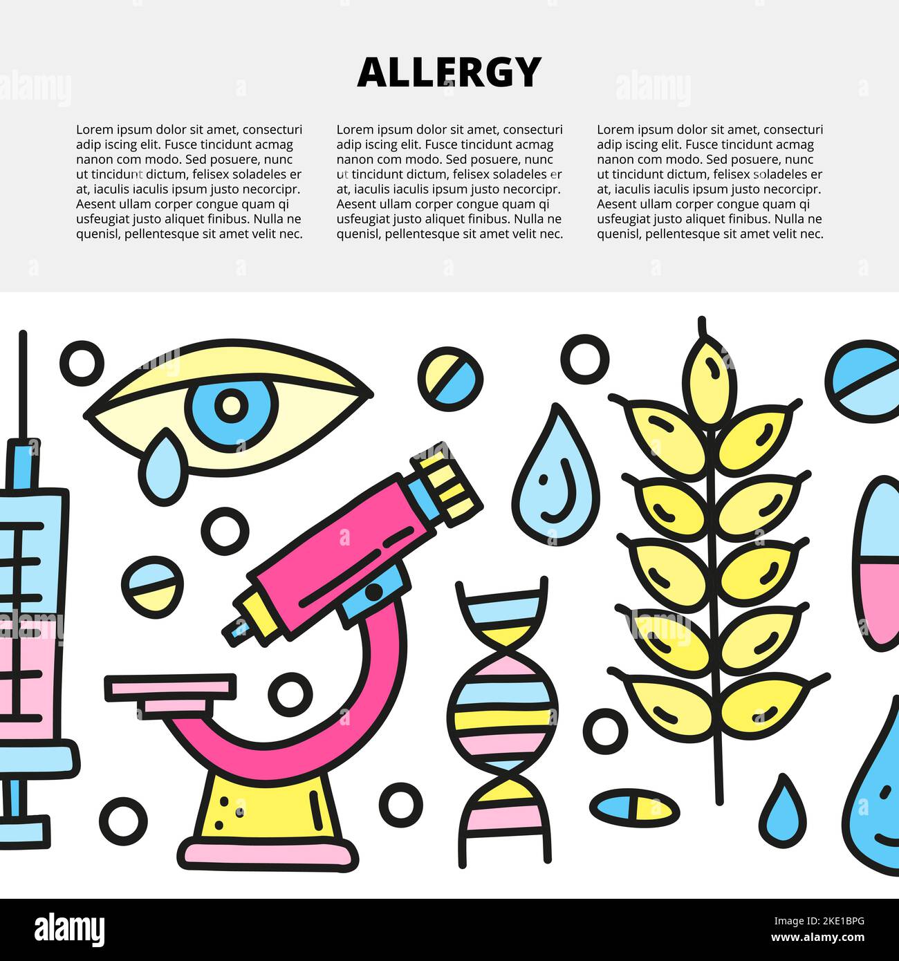 Article template with space for text and doodle colored allergy icons ...