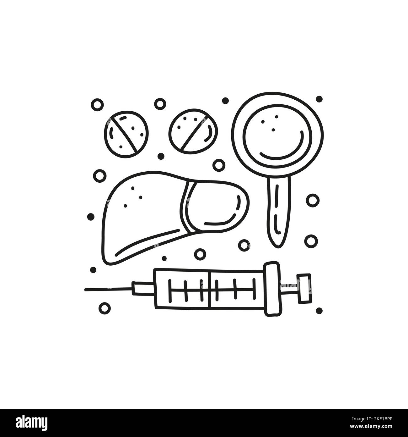 Group of doodle outline medical icons including liver, loupe, syringe ...