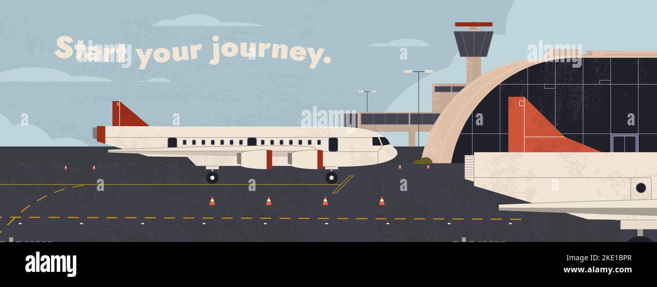 Airport terminal building and airplanes on runway. Flat metropolis ...