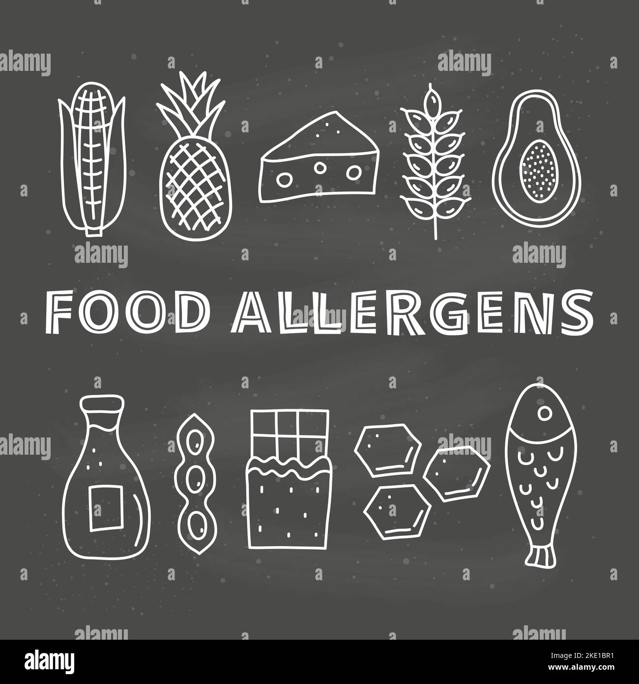 Poster with lettering and doodle outline food allergens icons including ...