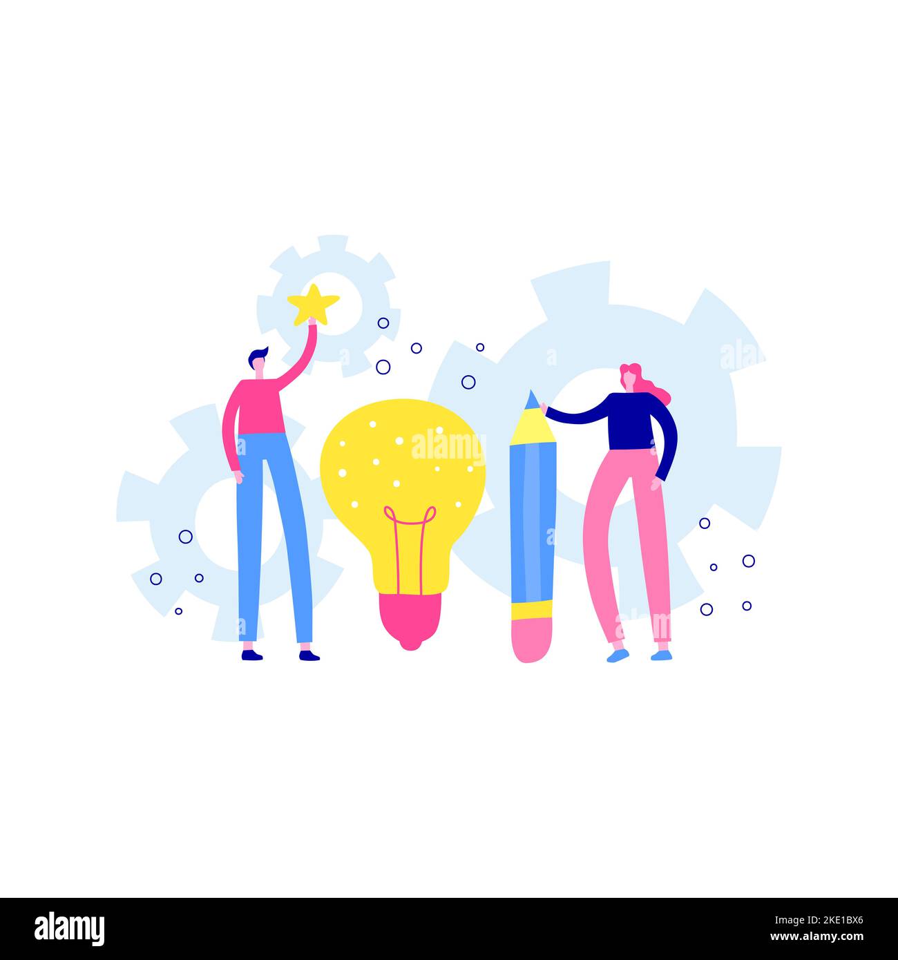 Tiny man and woman characters standing near a giant light bulb on white background. Idea ...