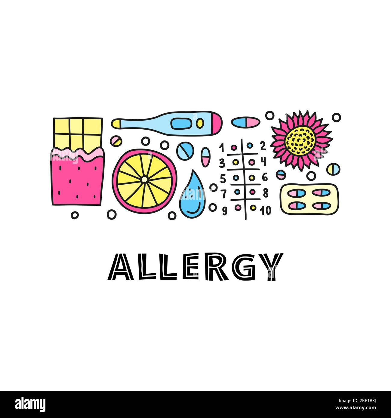 Lettering and group of doodle colored allergy icons including chocolate ...