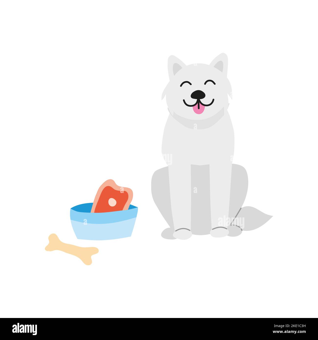 Happy smiling caucasian shepherd dog sitting near a bowl with meat ...