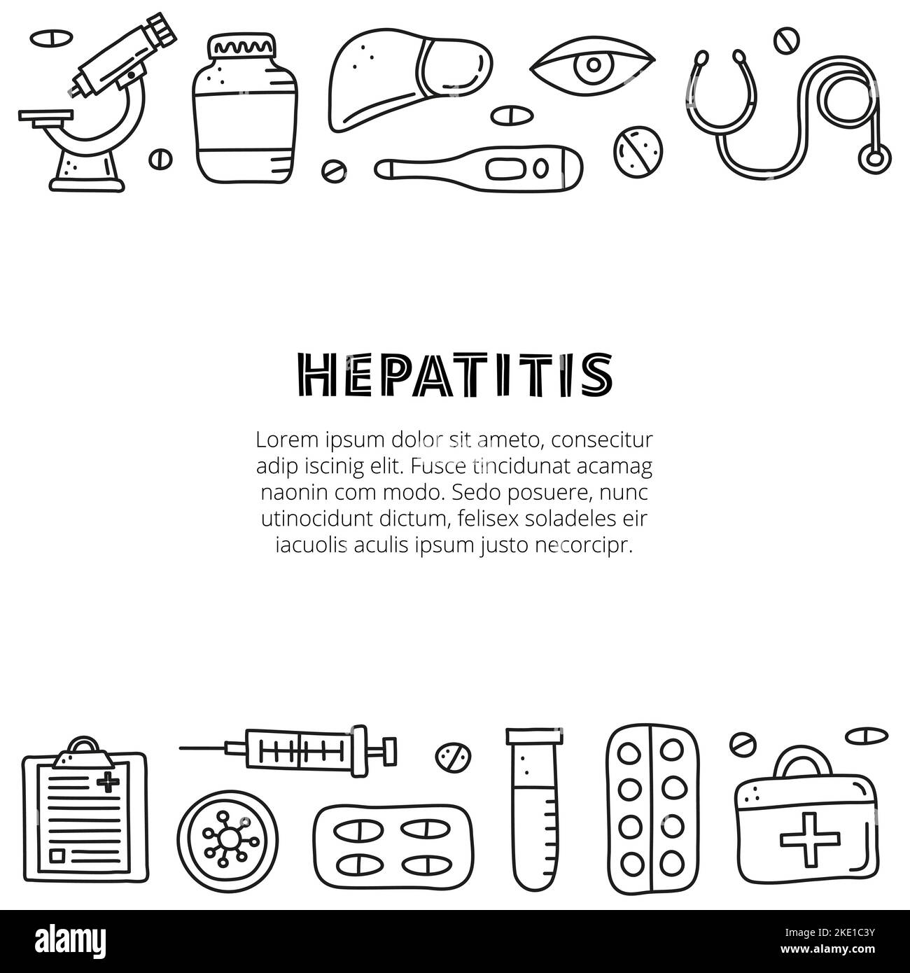 Poster with doodle outline hepatitis medical icons including liver ...