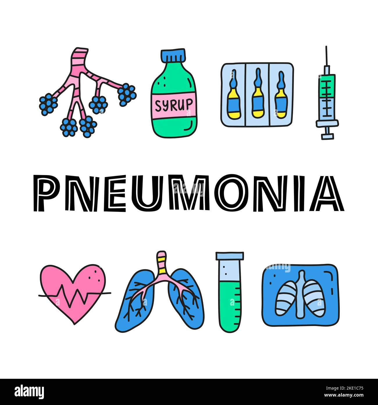 Poster with lettering and doodle colored pneumonia icons including ...