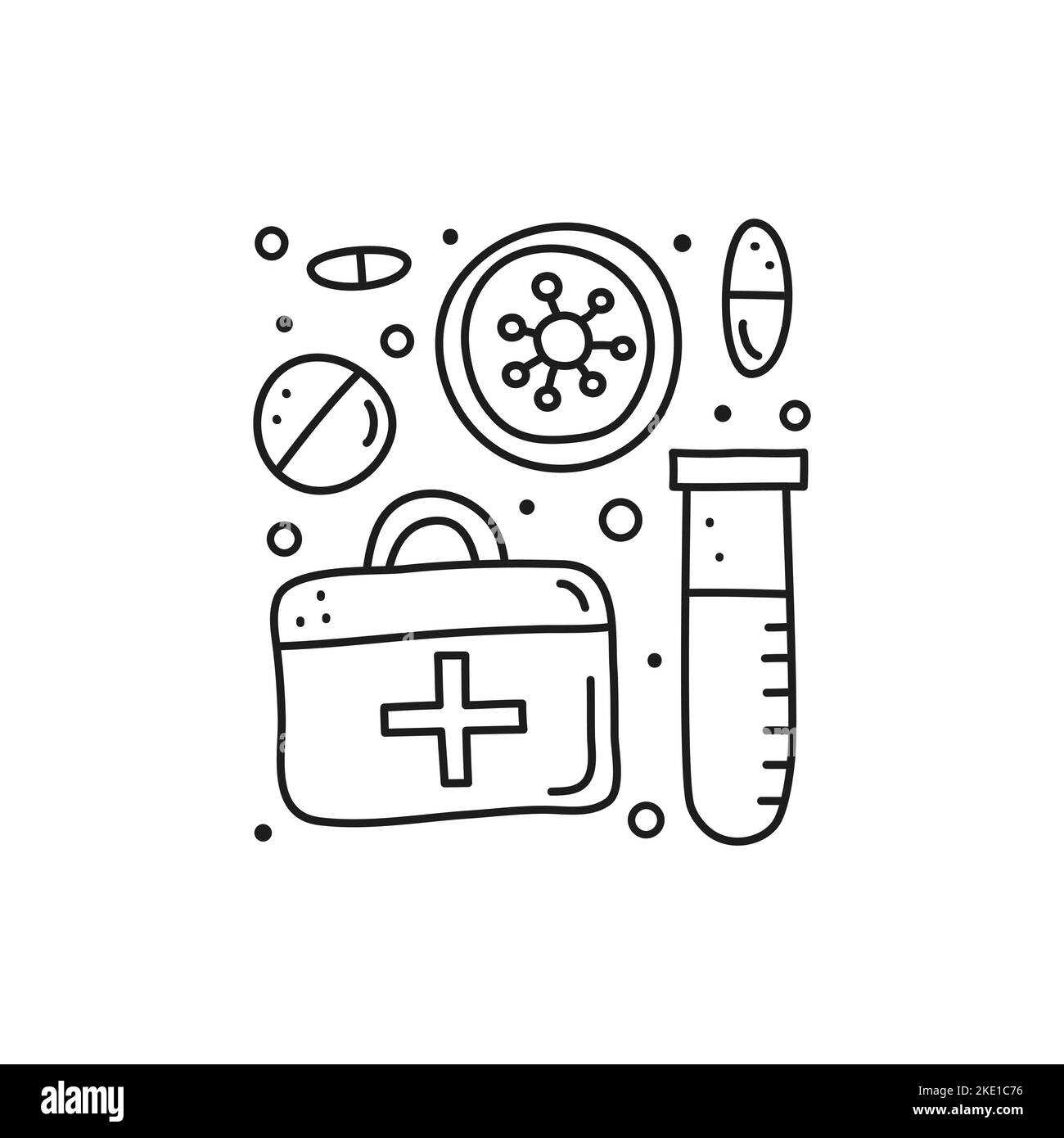 Group of simple doodle outline medical icons including first aid kit ...