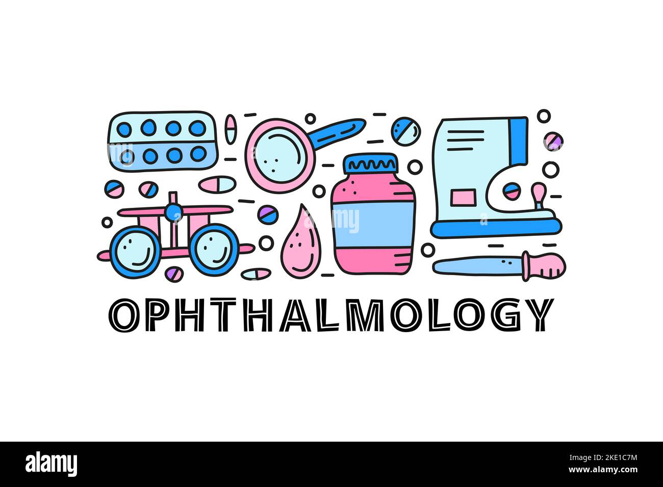Lettering and group of doodle colored ophthalmology icons including ...