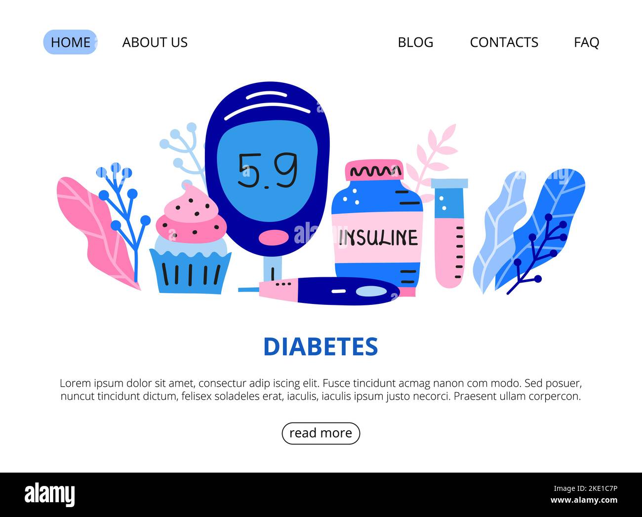 Web page template with big cupcake, glucometer, insulin pen, bottle ...