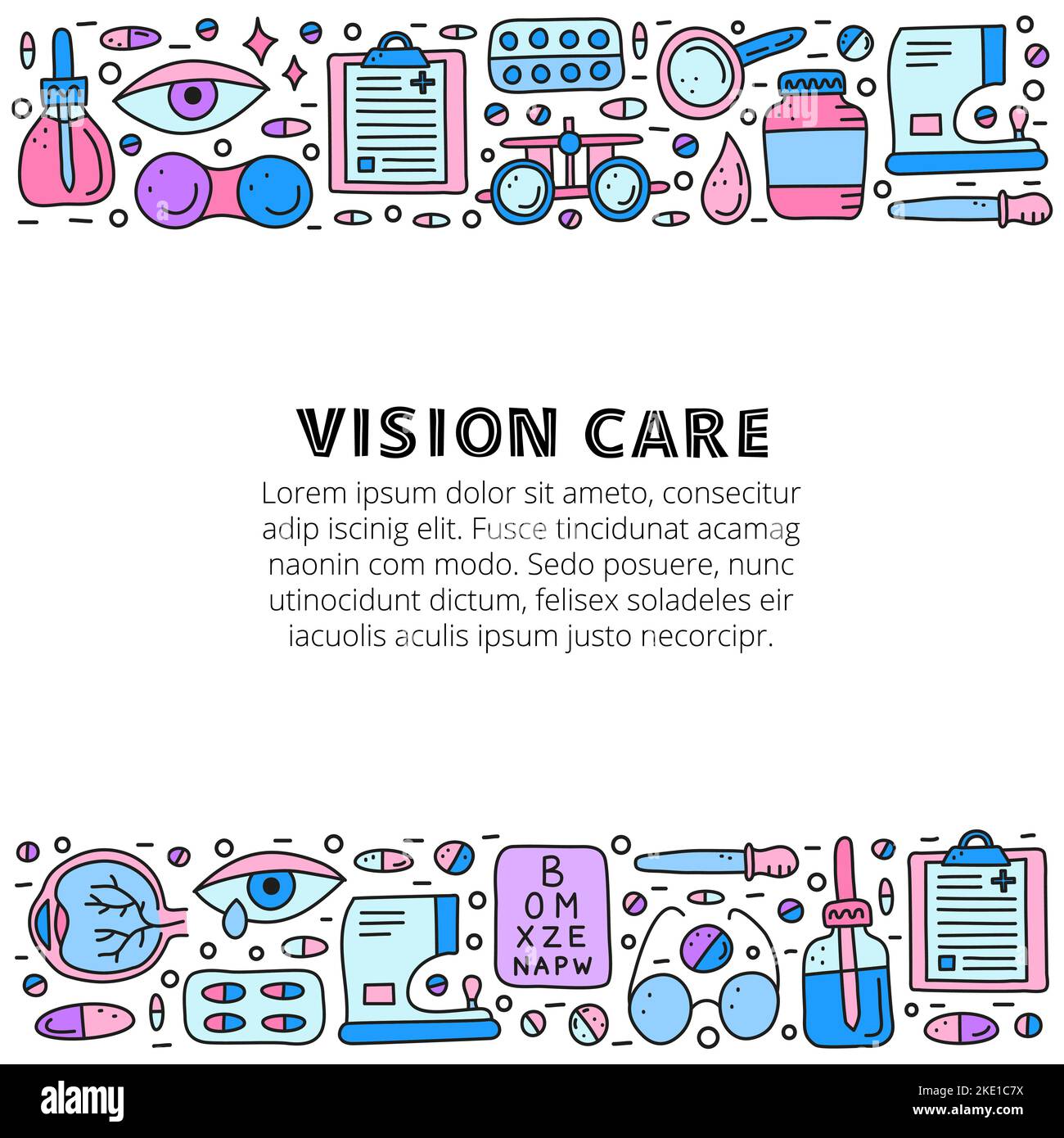 Poster with lettering and doodle colored ophthalmology icons including ...