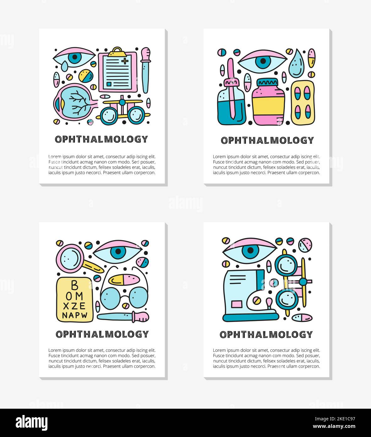 Cards with doodle colored ophthalmology icons including runny eye ...