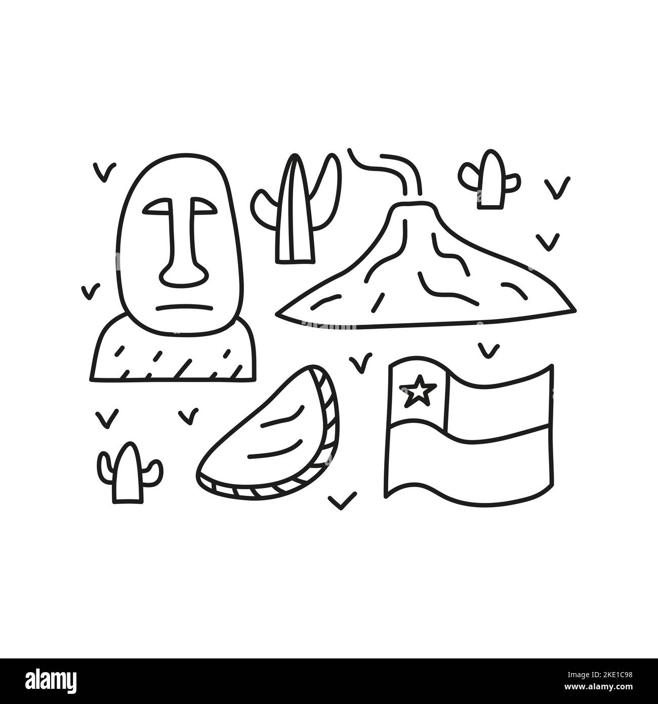 Group of doodle outline Chile icons including Easter island statue ...