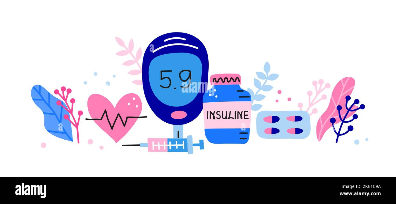 Horizontal banner with big heart, glucometer, syringe, insulin bottle ...