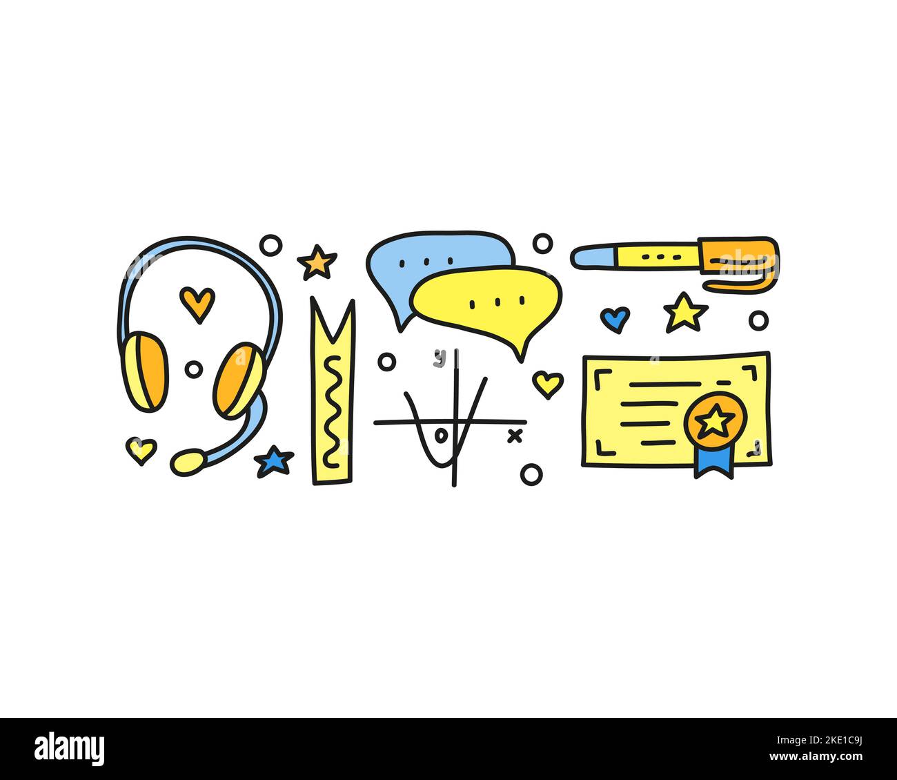 Group of doodle colored education, e-learning icons including ...