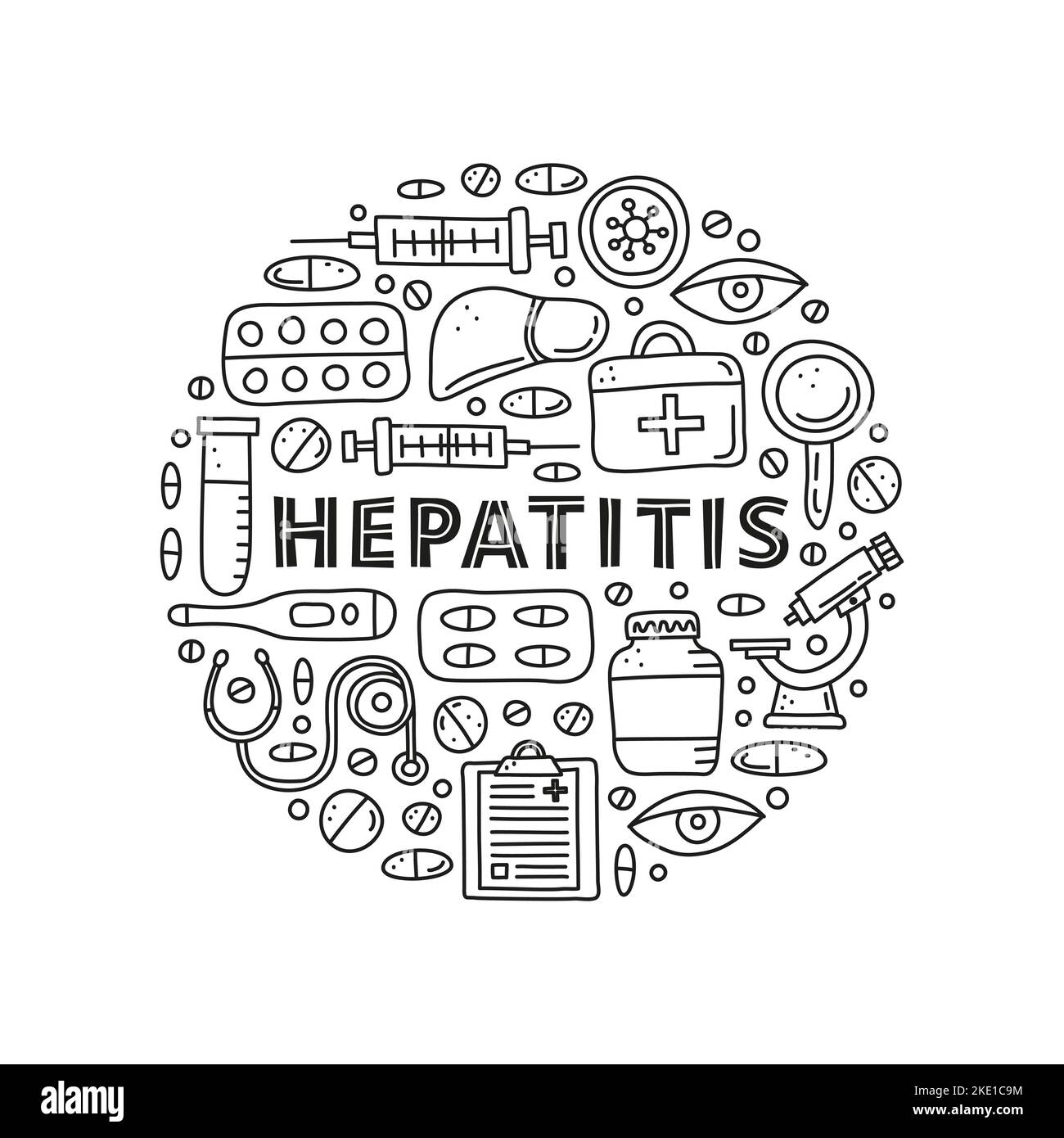 Doodle outline hepatitis medical icons including liver, microscope ...