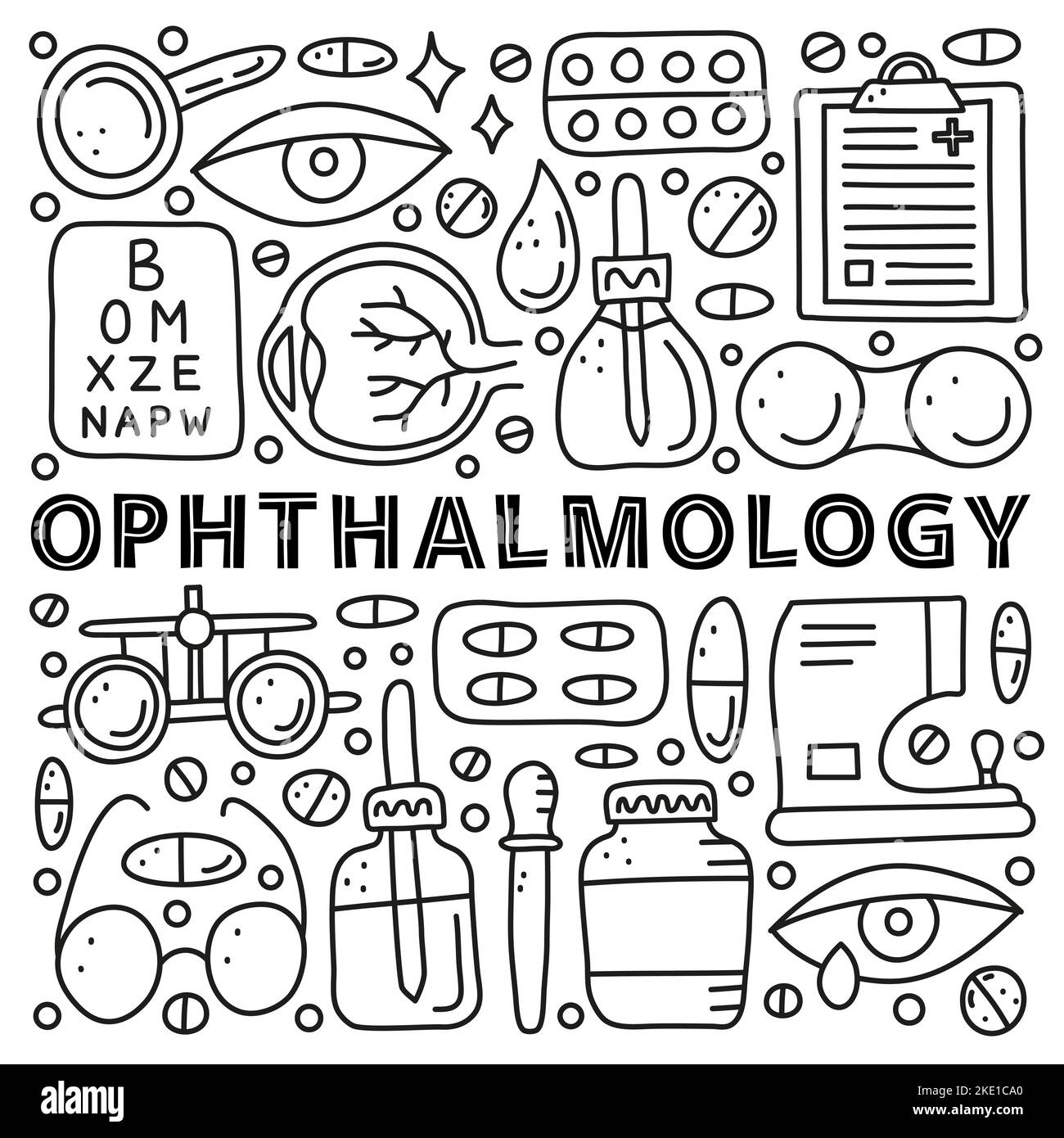 Poster with lettering and doodle outline ophthalmology icons including ...