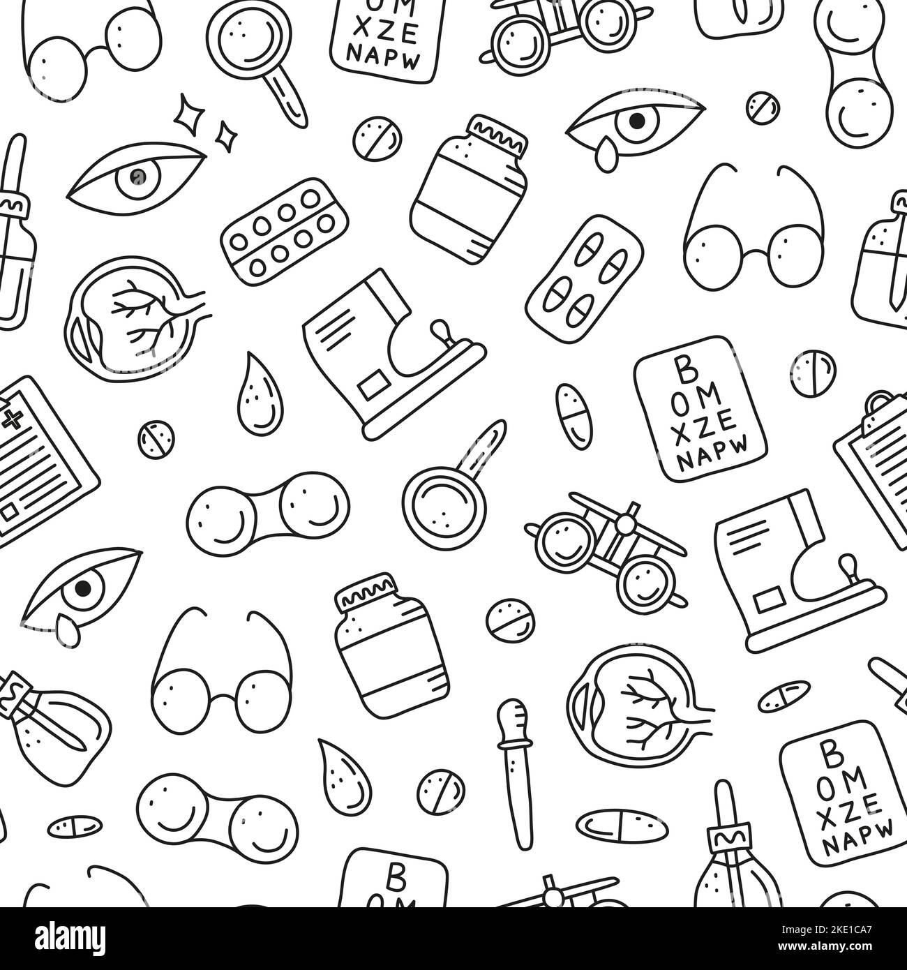 Black and white seamless pattern with doodle outline ophthalmology ...