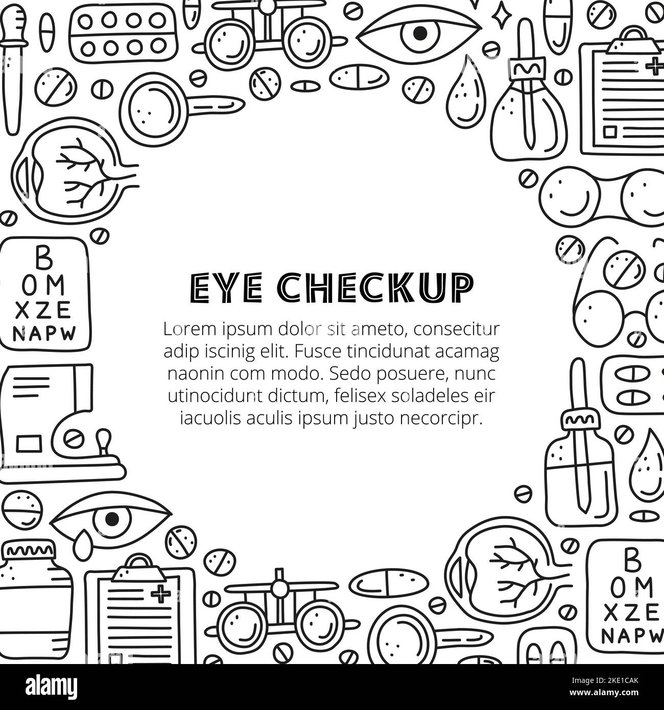 Poster with lettering and doodle outline ophthalmology icons including ...