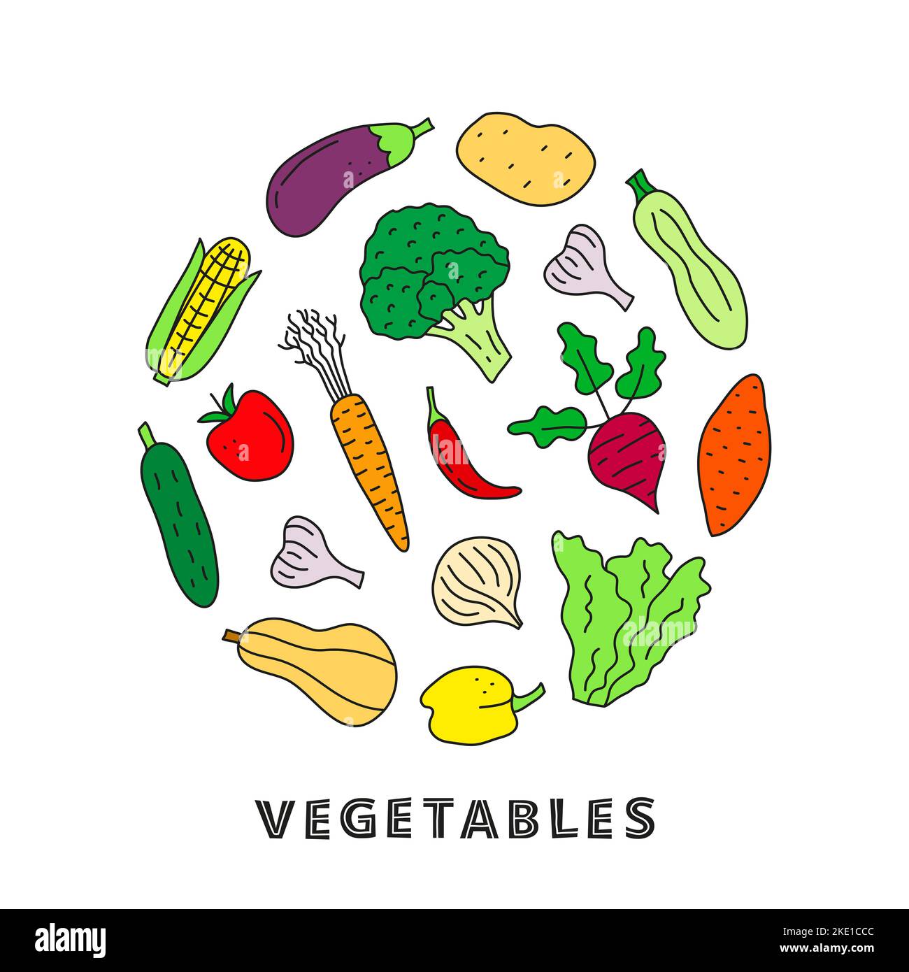 Cute doodle colorful food vegetable icons including broccoli, garlic ...