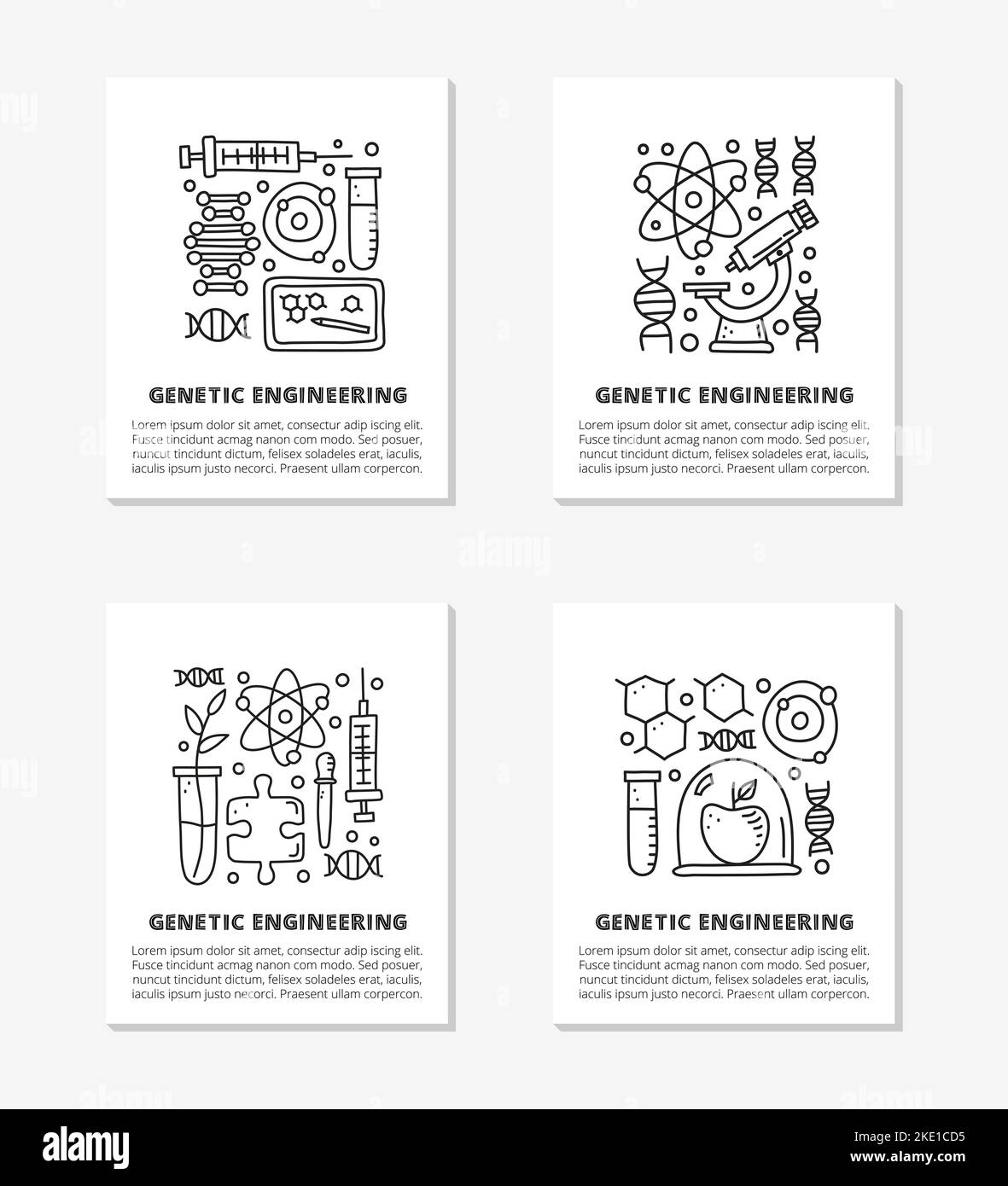 Cards with doodle outline genetic engineering icons including dna ...