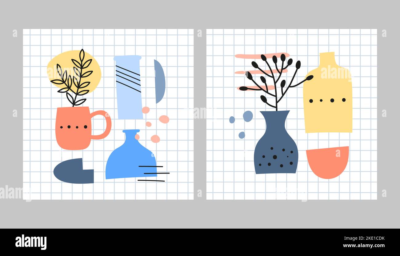 Abstract cards or poster templates with spots, dots, vases, leafy twigs ...