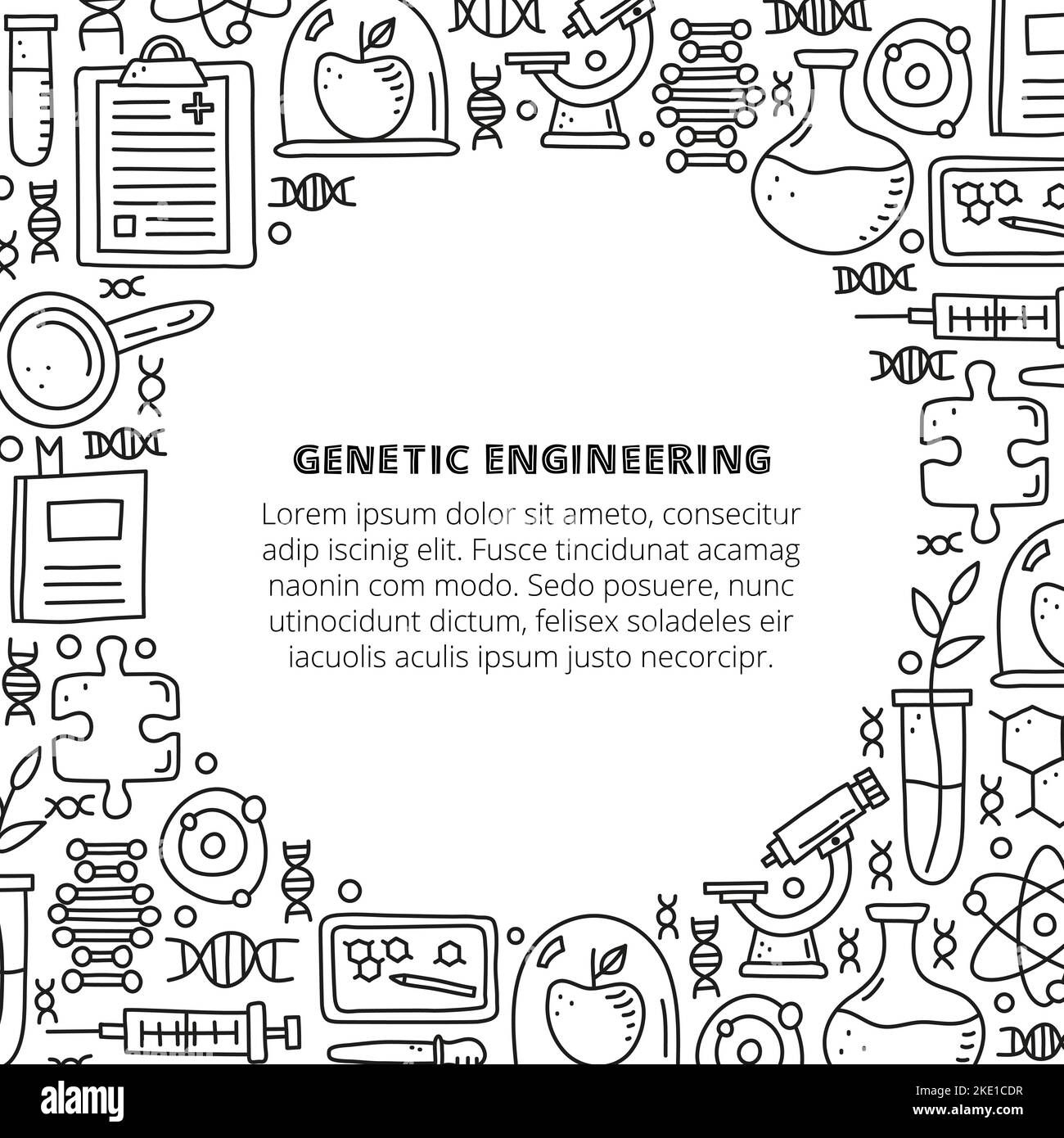Poster with lettering and doodle outline genetic engineering icons ...