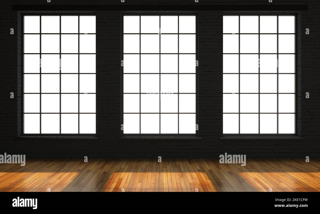 Loft style interior with two black windows Stock Photo - Alamy