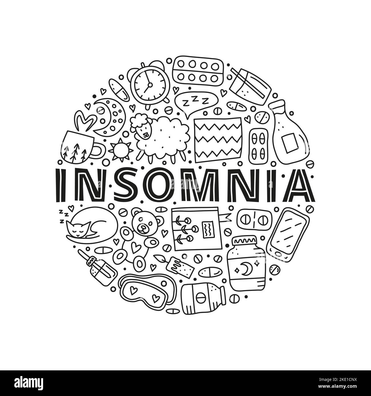 Doodle outline insomnia and bed time icons including pillow, clock ...