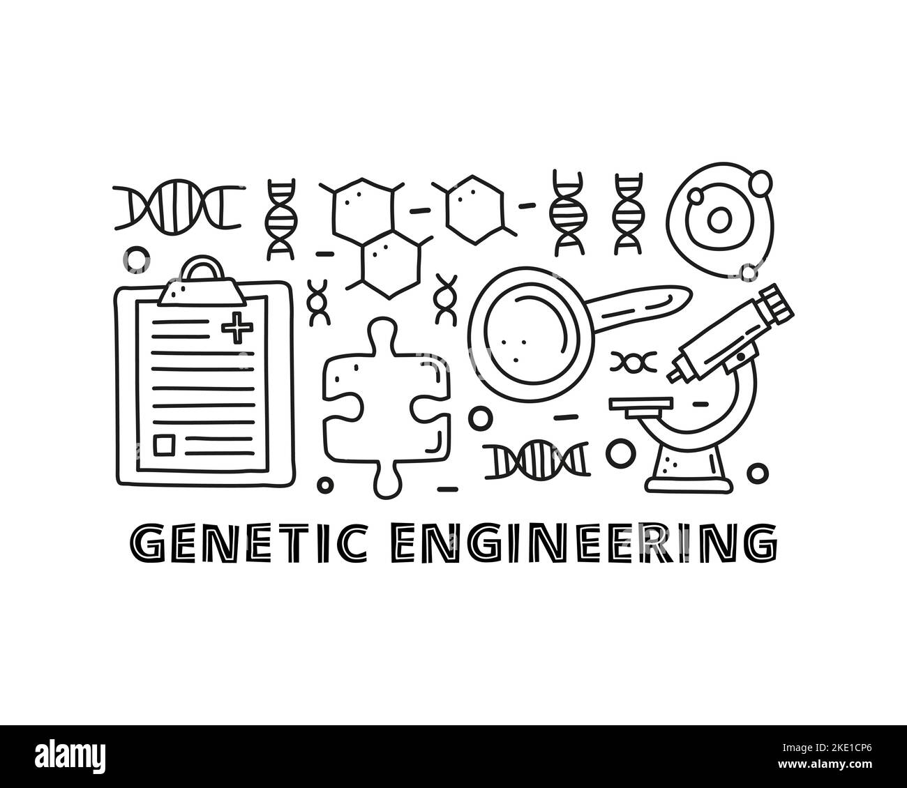 Group of doodle outline genetic engineering icons including dna ...