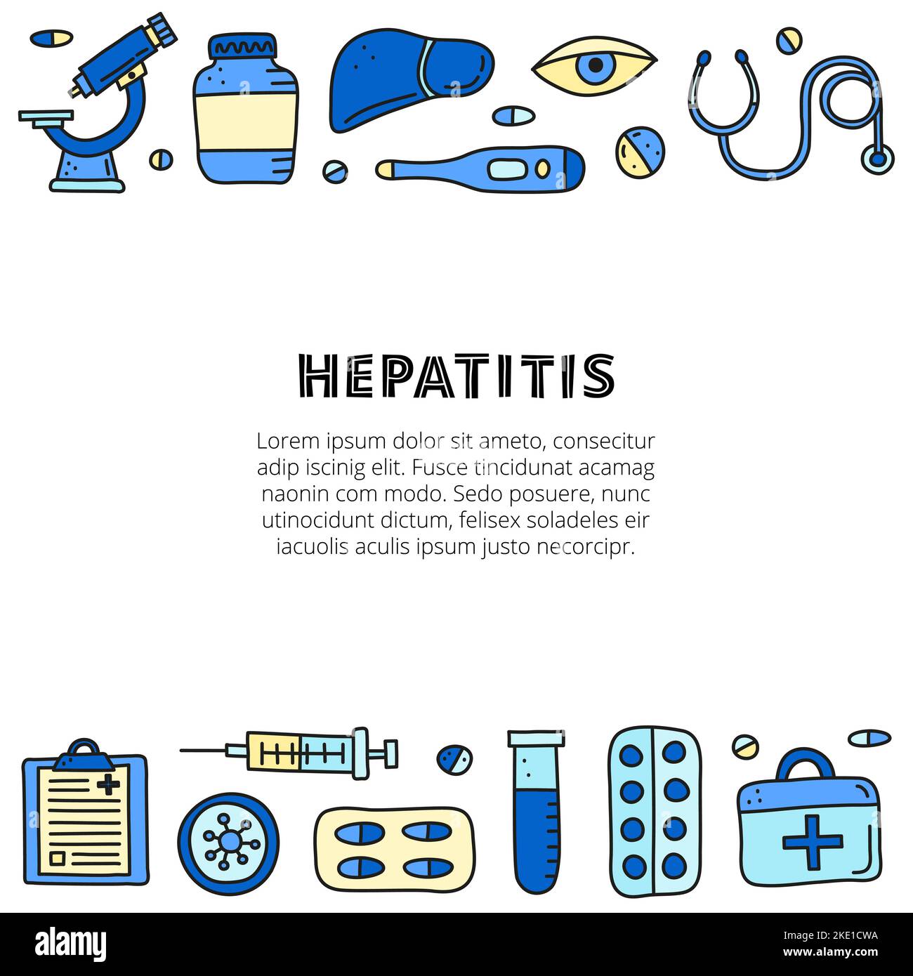 Poster with doodle colored hepatitis medical icons including liver ...