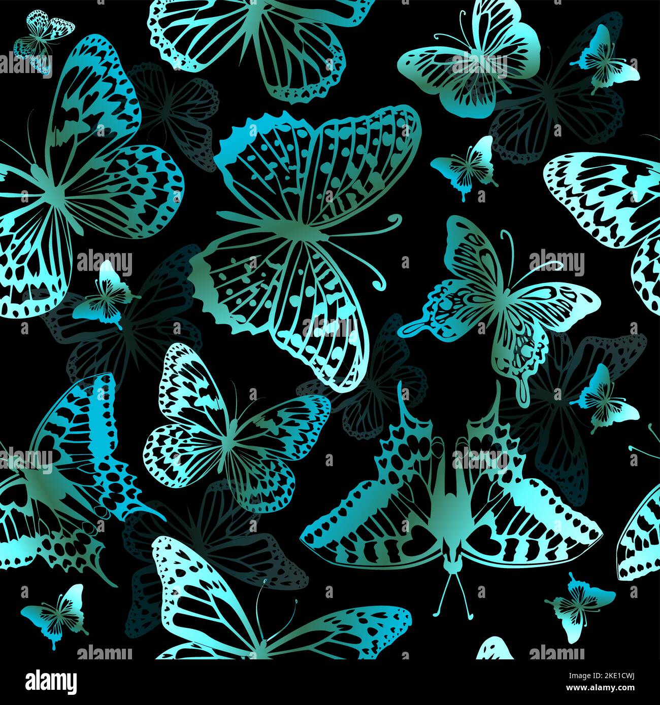 Seamless pattern butterflies blue on a black background. Vector ...
