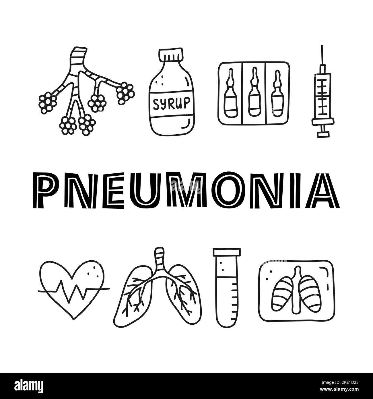 Poster with lettering and doodle outline pneumonia icons including ...