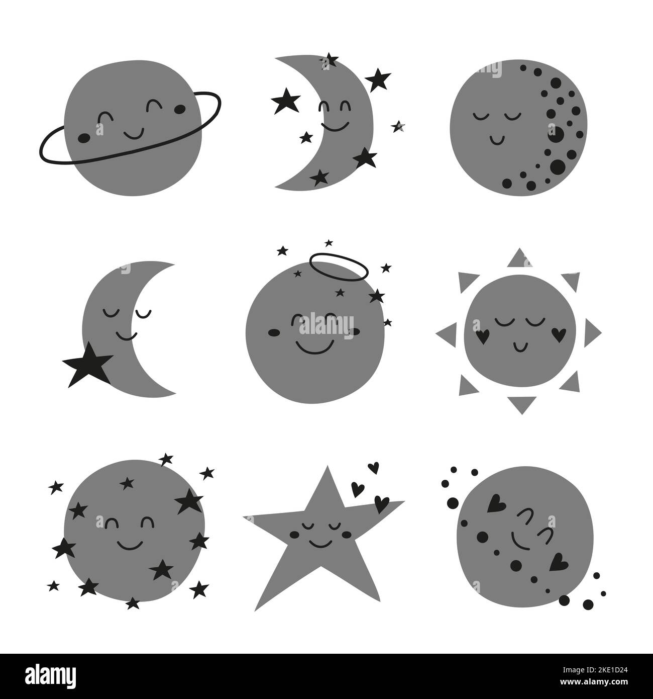 Set of cute doodle smile celestial characters including sun, moon ...