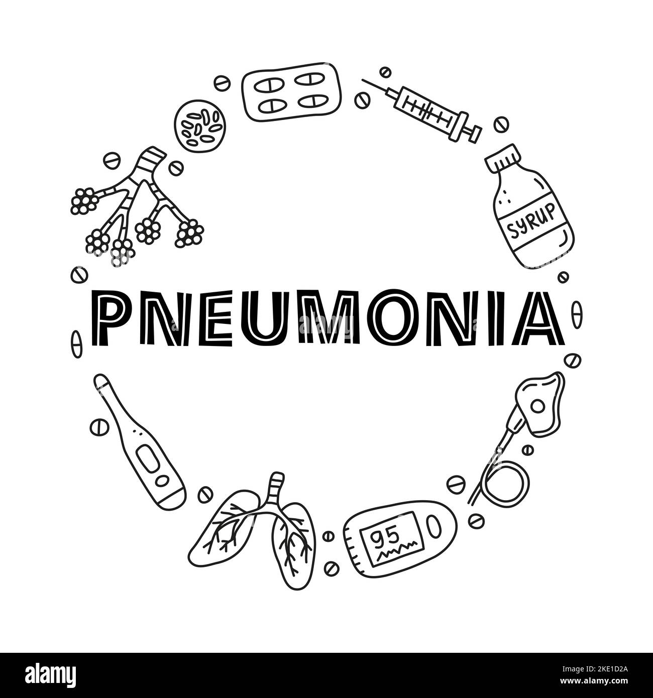 Doodle outline pneumonia icons including alveoli, lungs, cough syrup ...