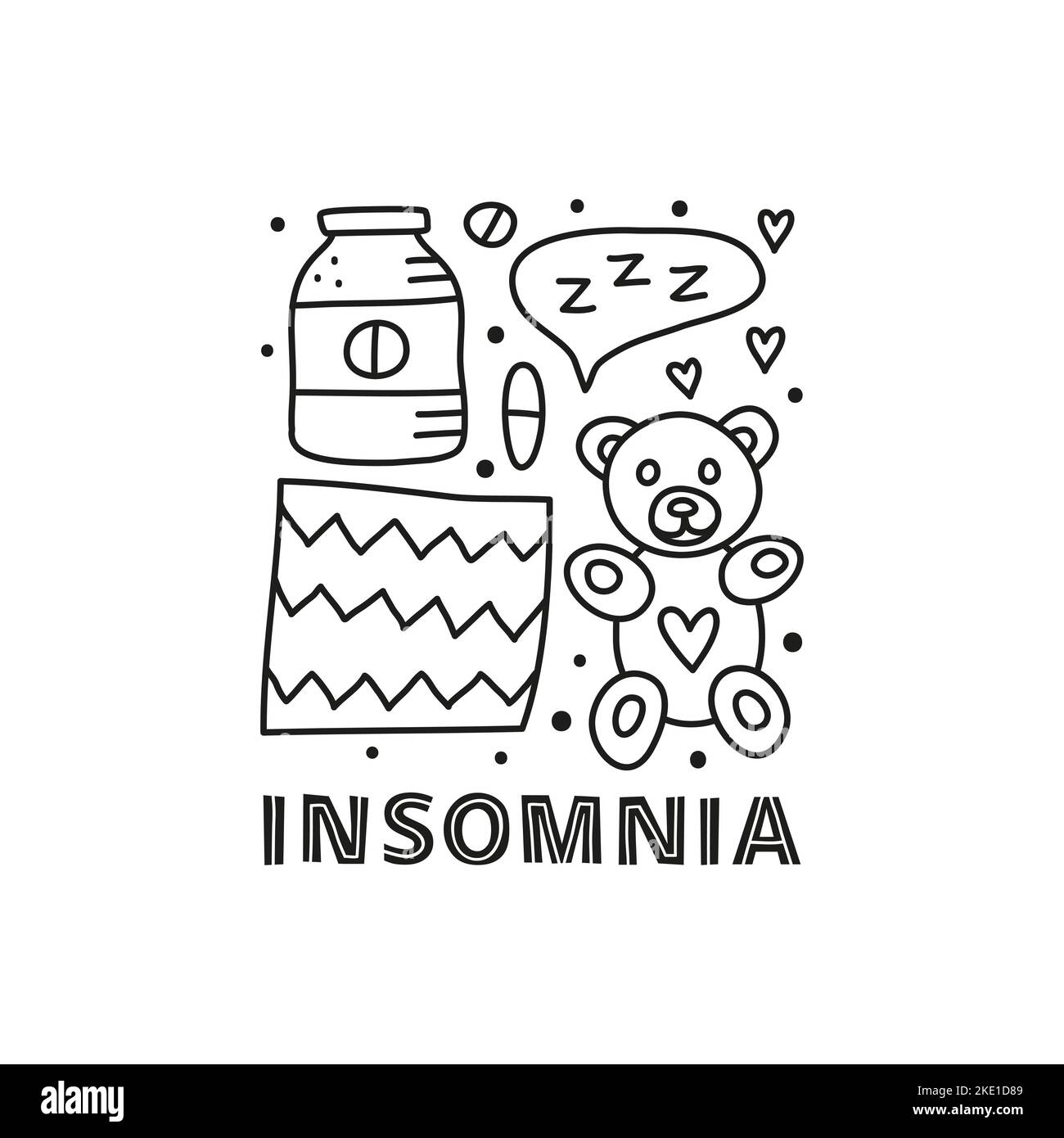 Group of doodle outline insomnia and bed time icons including pillow ...