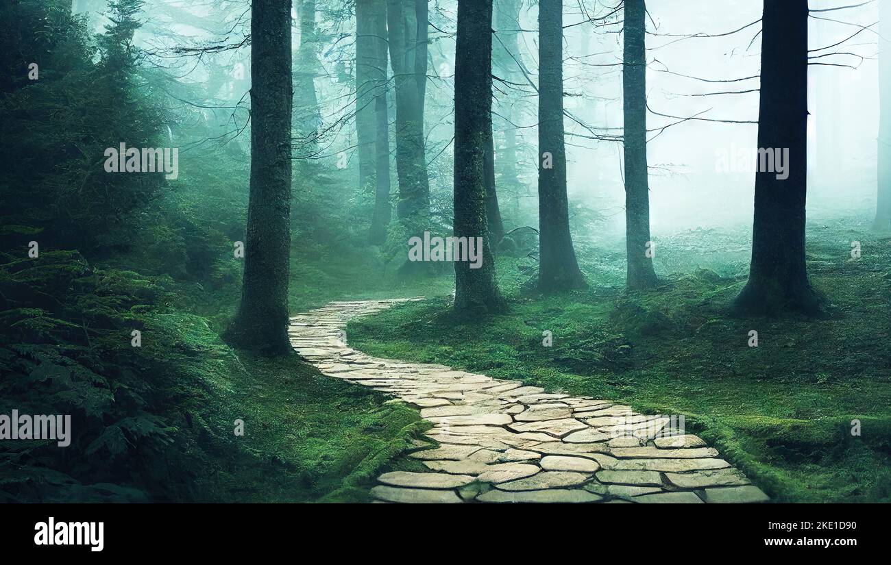 A winding stone path in a mystical forest Stock Photo - Alamy