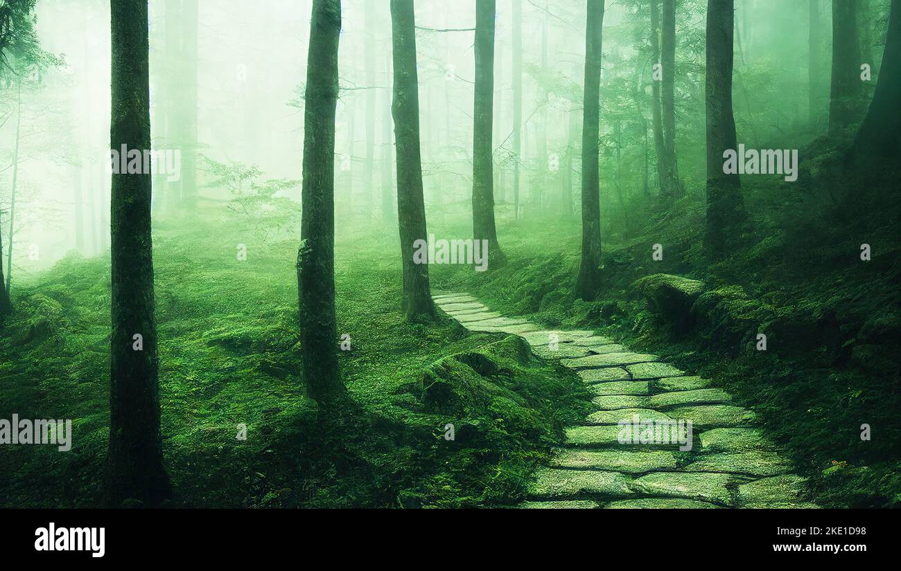 A winding stone path in a mystical forest Stock Photo - Alamy