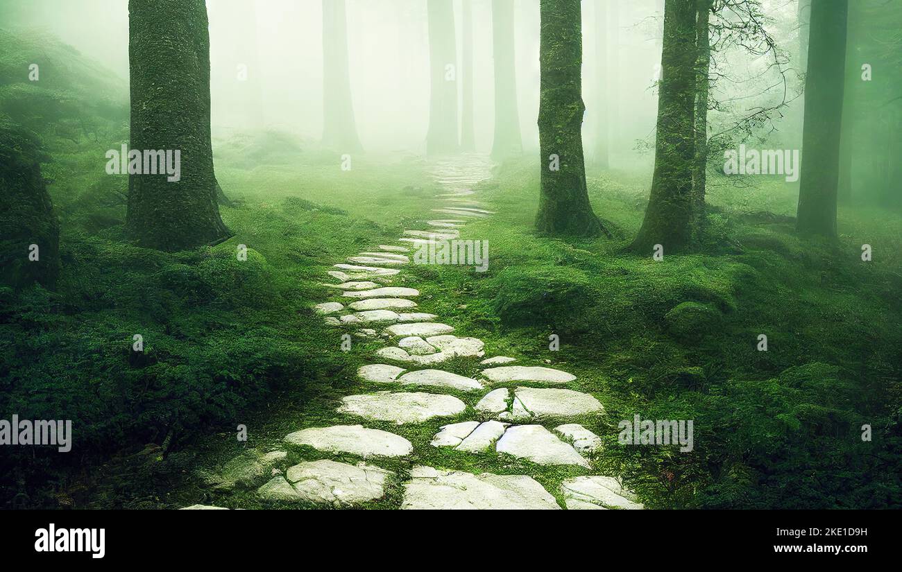 A winding stone path in a mystical forest Stock Photo - Alamy