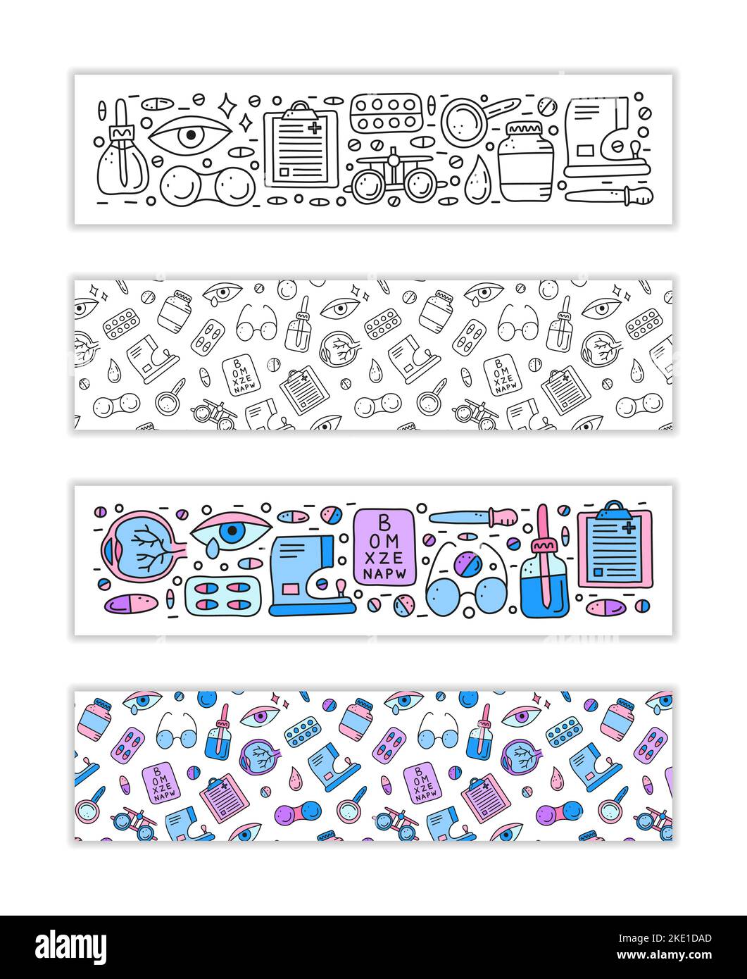 Banners with doodle ophthalmology icons including runny eye, pipette ...