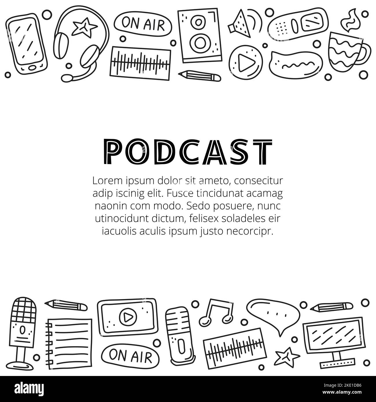 Poster with lettering and doodle outline podcast icons including ...