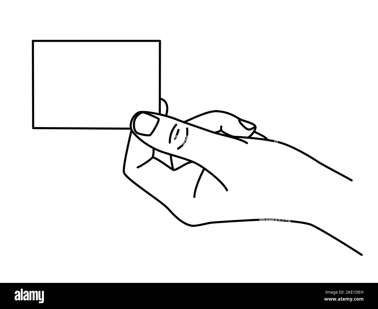 Hand holding a business card, hand drawn with thin line. Presenting ...