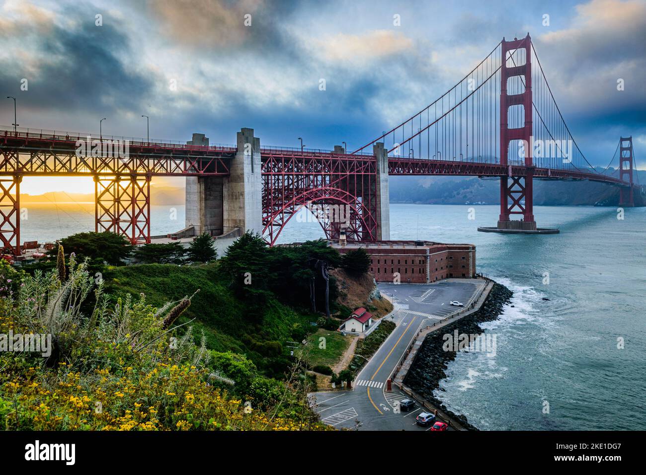 The golden gate bridge of San Francisco with greenery and the blue ...
