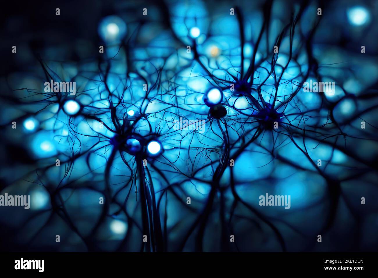 Illustration of dark neural network with shining impulses on dark blue ...