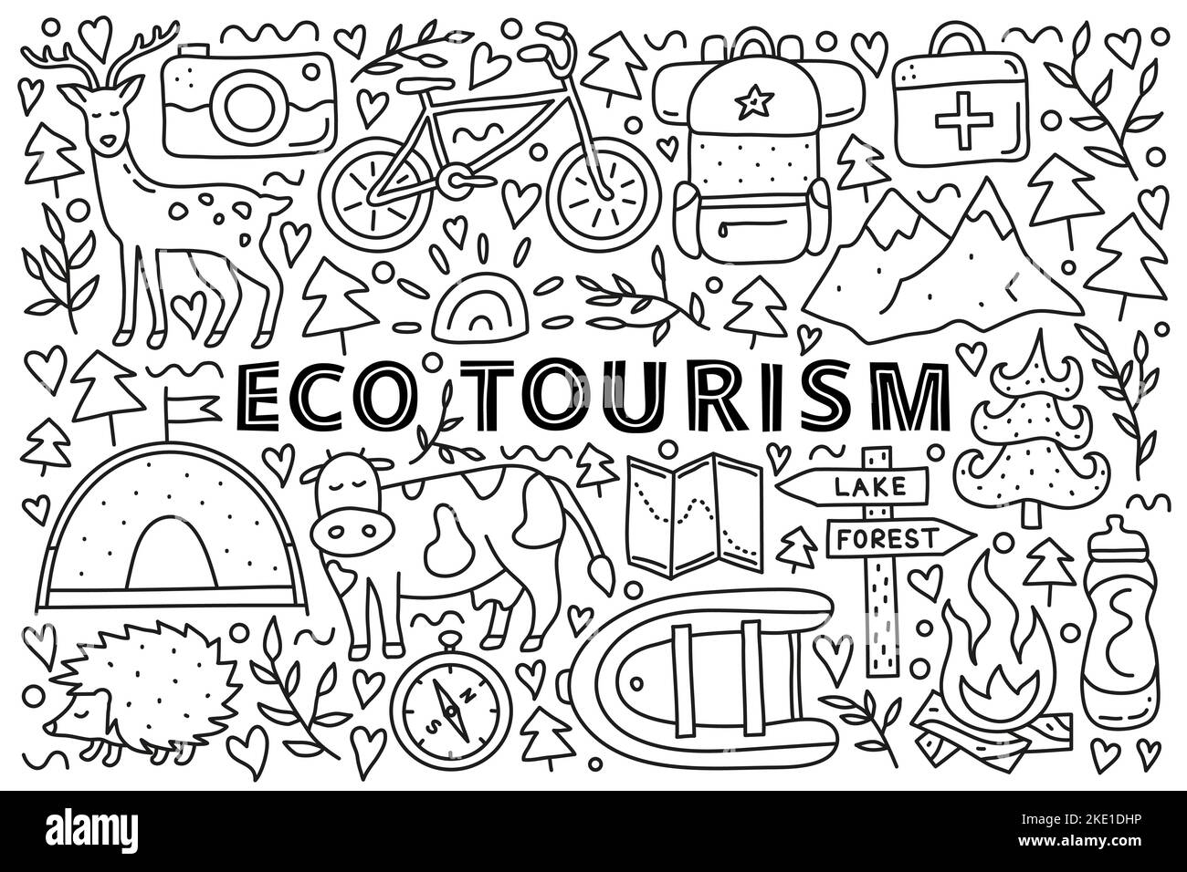 Poster with lettering and doodle outline eco tourism icons including ...