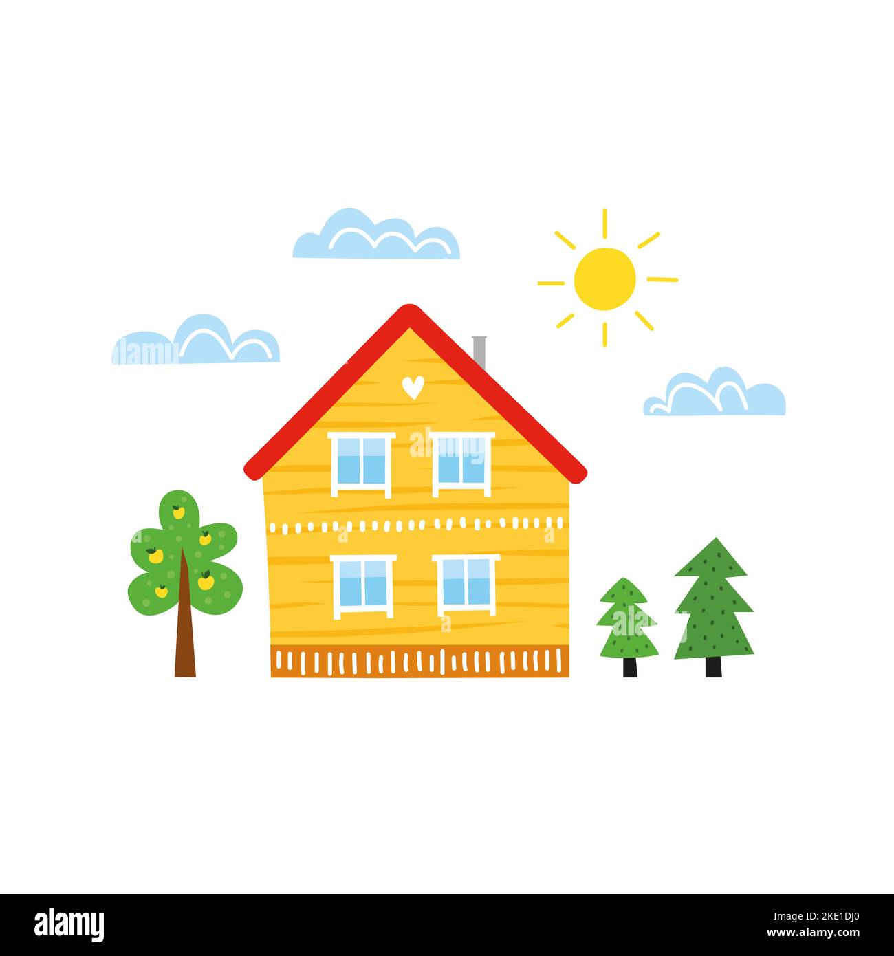 Cute doodle colorful cottage with garden trees, clouds, sun isolated on ...