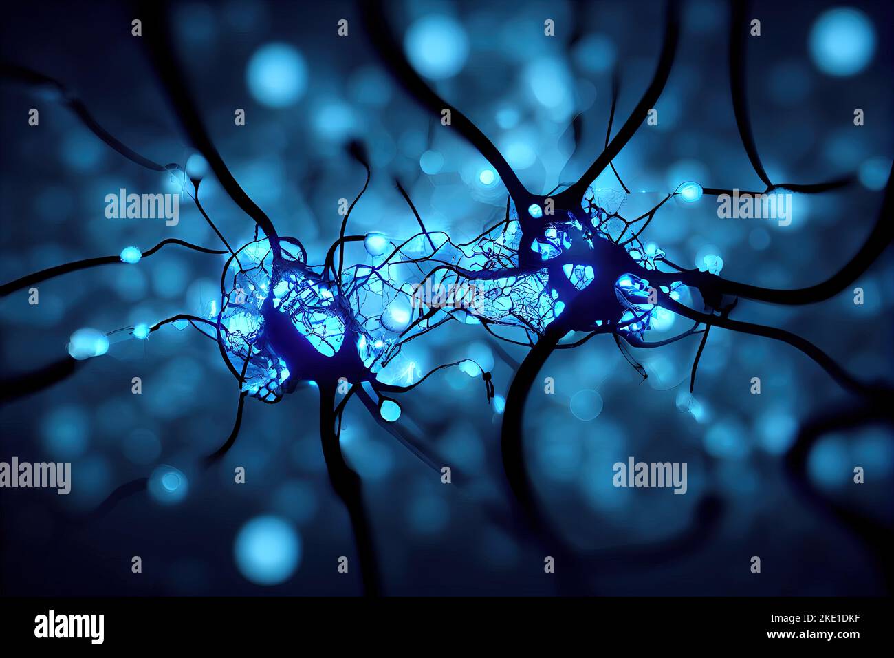 Illustration of dark neural network with shining impulses on dark blue ...