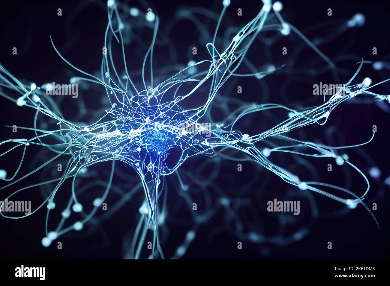 Illustration of white neural network with shining impulses on dark blue ...