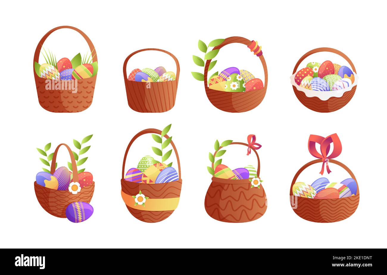 Easter eggs baskets. Cartoon childish tray with straw ribbons for ...