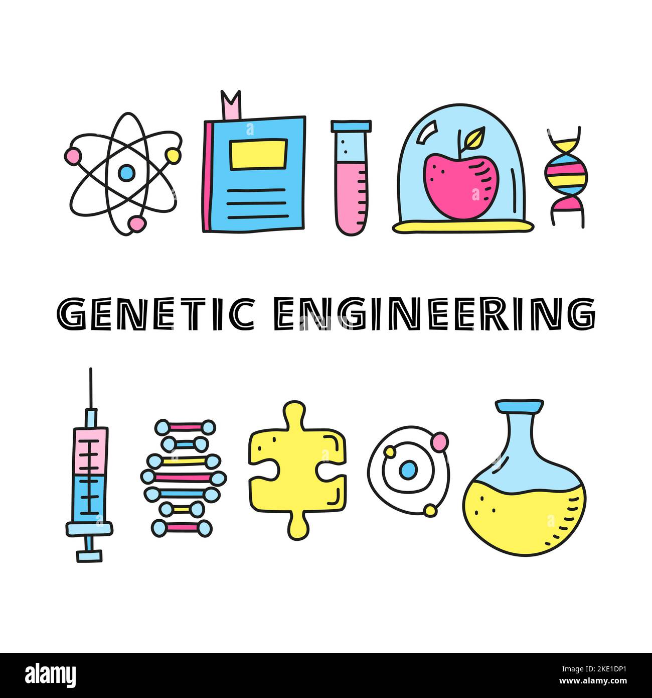 Poster with lettering and doodle colored genetic engineering icons ...